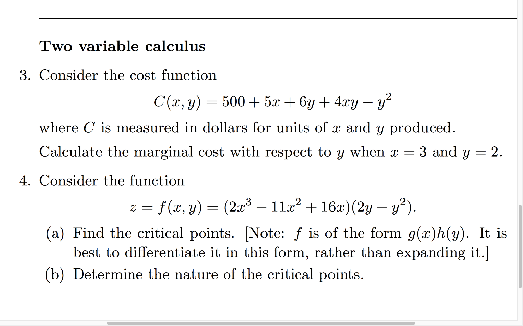 Solved Two variable calculus 3. Consider the cost function | Chegg.com