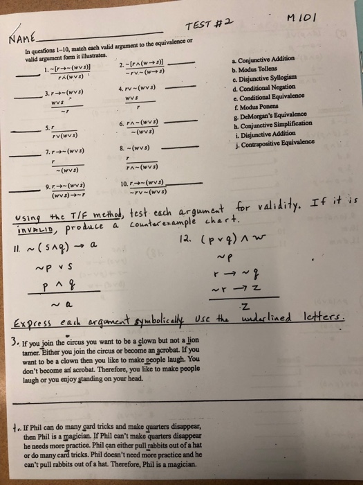Solved AnE In questions 1-10, match each valid argument to | Chegg.com