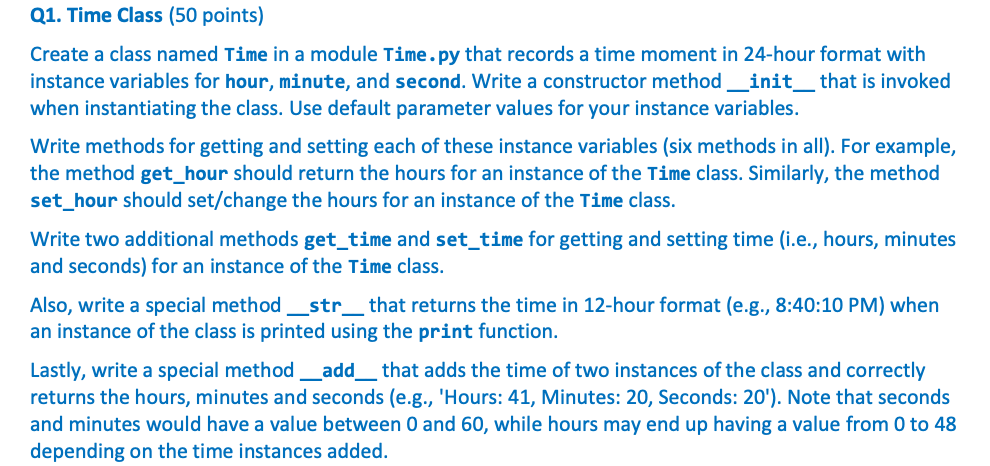 Solved Q1 Time Class 50 Points Create A Class Named Time 