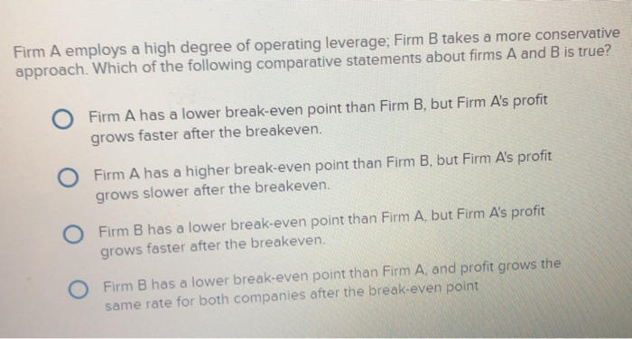 Solved Firm A employs a high degree of operating leverage; | Chegg.com