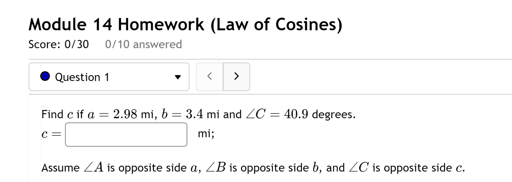 Solved Module 14 Homework (Law of Cosines) Score: 0/30 0/10 | Chegg.com