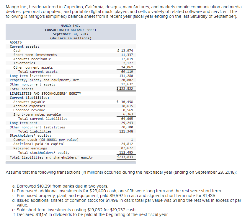 Solved Mango Inc., headquartered in Cupertino, California, | Chegg.com