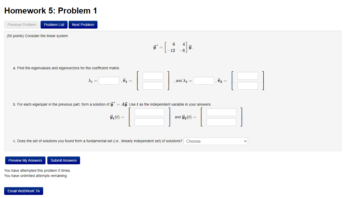 Solved (50 points) Consider the linear system y′=[6−124−8]y | Chegg.com