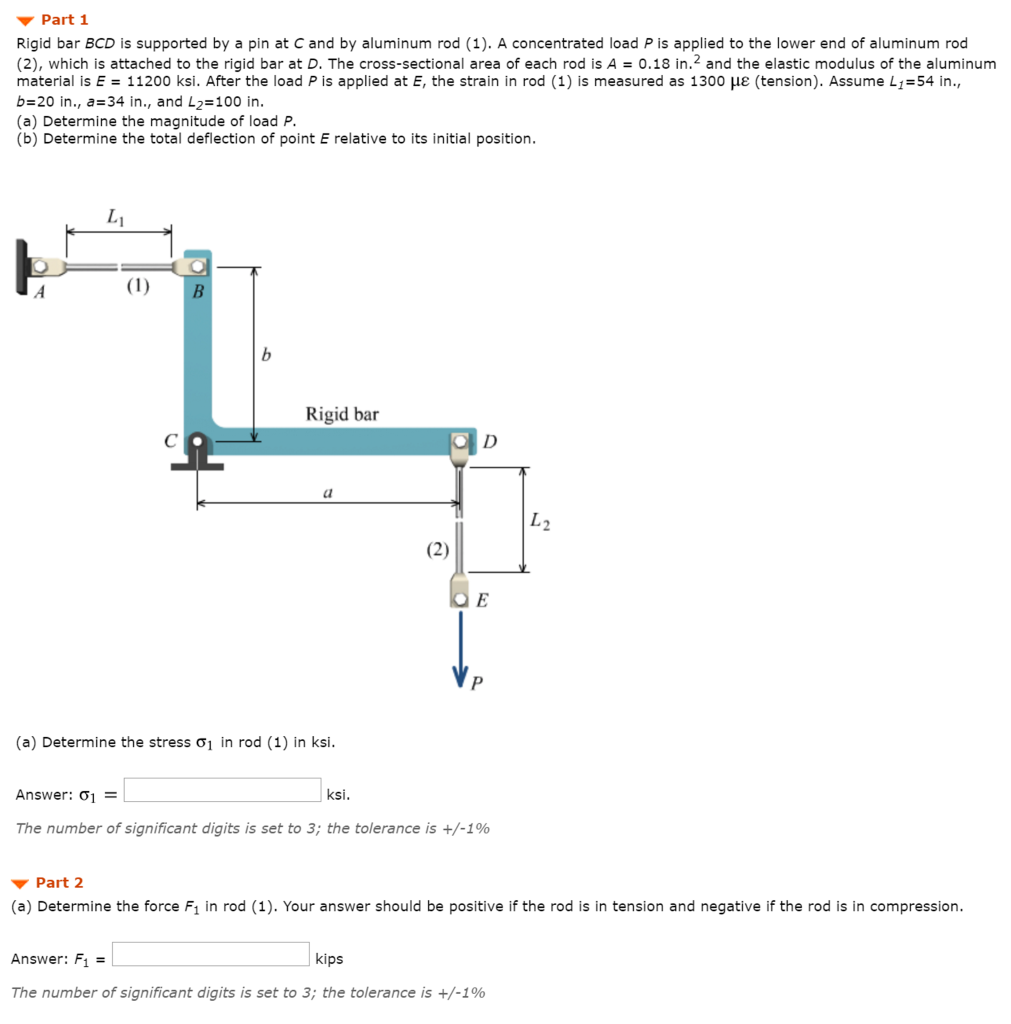 Solved Part 1 Rigid Bar Bcd Is Supported By A Pin At C And