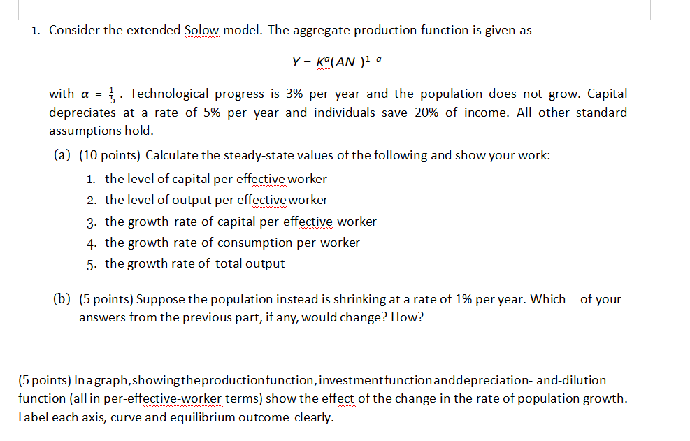 Solved 1. Consider the extended Solow model. The aggregate | Chegg.com