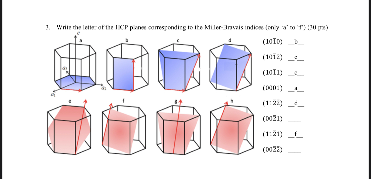 Solved 3. Write the letter of the HCP planes corresponding | Chegg.com