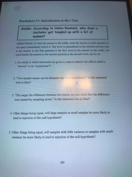 Solved Worksheet 37: Introduction to the t Test Riddle: | Chegg.com