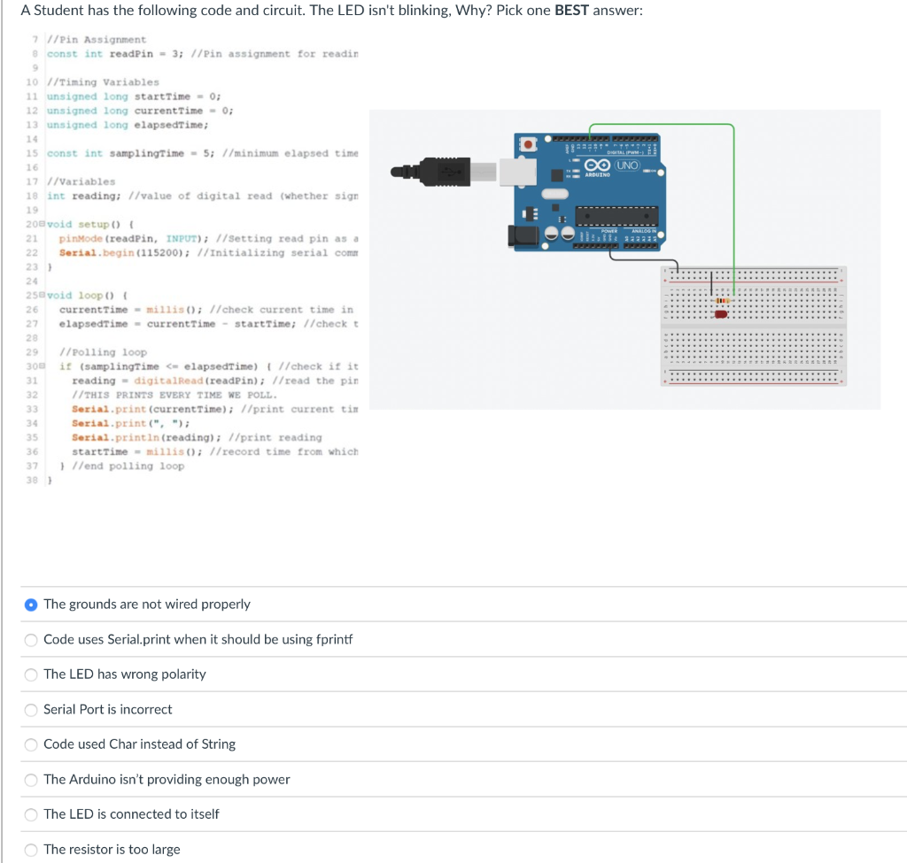 Solved A Student has the following code and circuit. The LED | Chegg.com