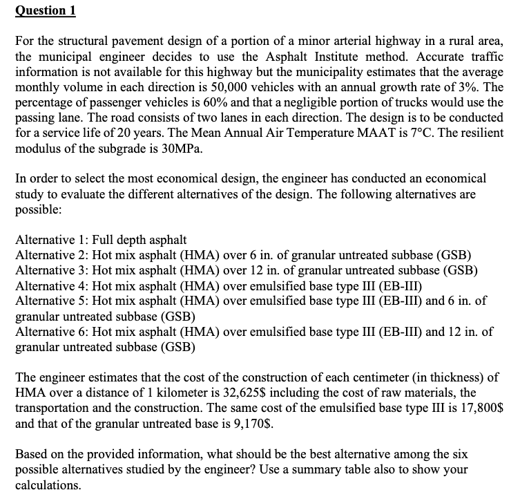 Solved Question 1 For the structural pavement design of a | Chegg.com