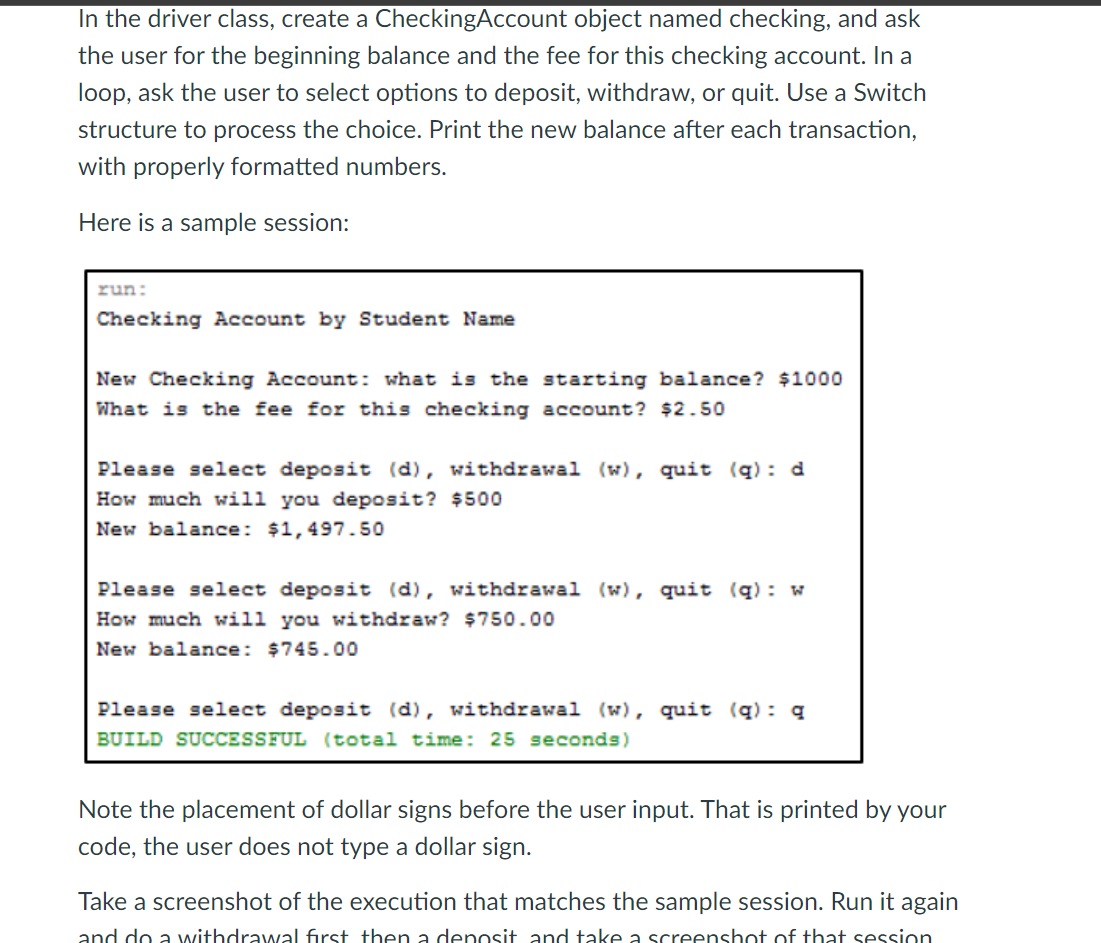 Solved Create a project named ChbChecking. Create a class | Chegg.com