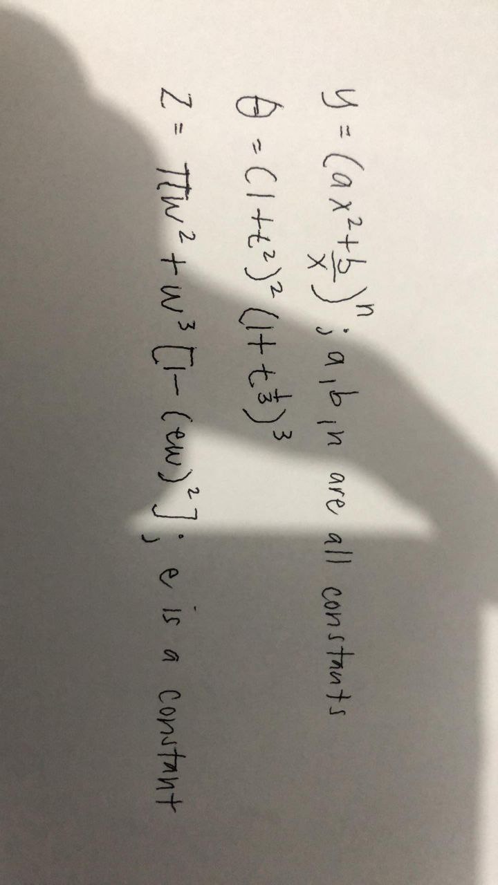 Solved y=(ax2+xb)n;a,b,n are all constants θ=(1+t2)2(1+t31)3 | Chegg.com