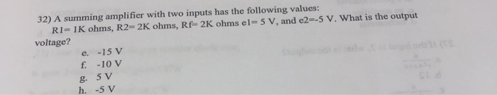 Solved 32) A summing amplifier with two inputs has the | Chegg.com