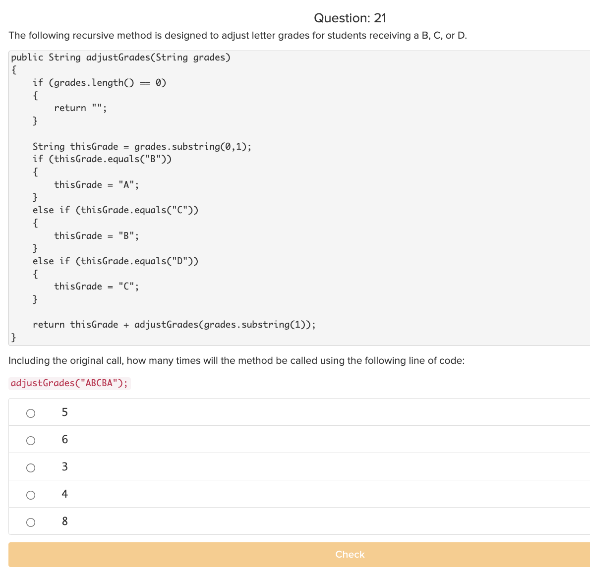 Solved Question: 21 The following recursive method is | Chegg.com