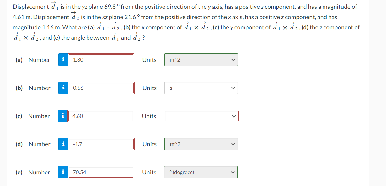 Solved Displacement d1 is in the yz plane 69.8∘ from the | Chegg.com
