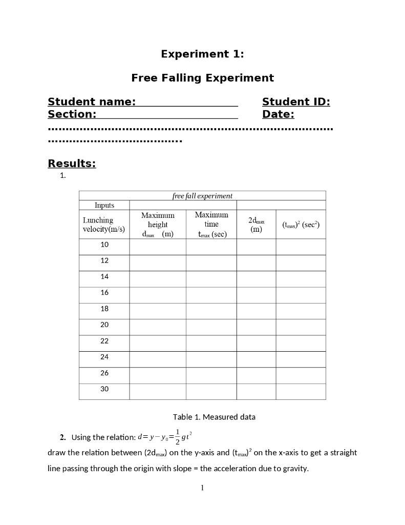 Experiment 1: Free Falling Experiment Student name: | Chegg.com