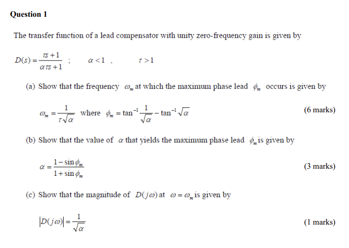Solved The transfer function of a lead compensator with | Chegg.com