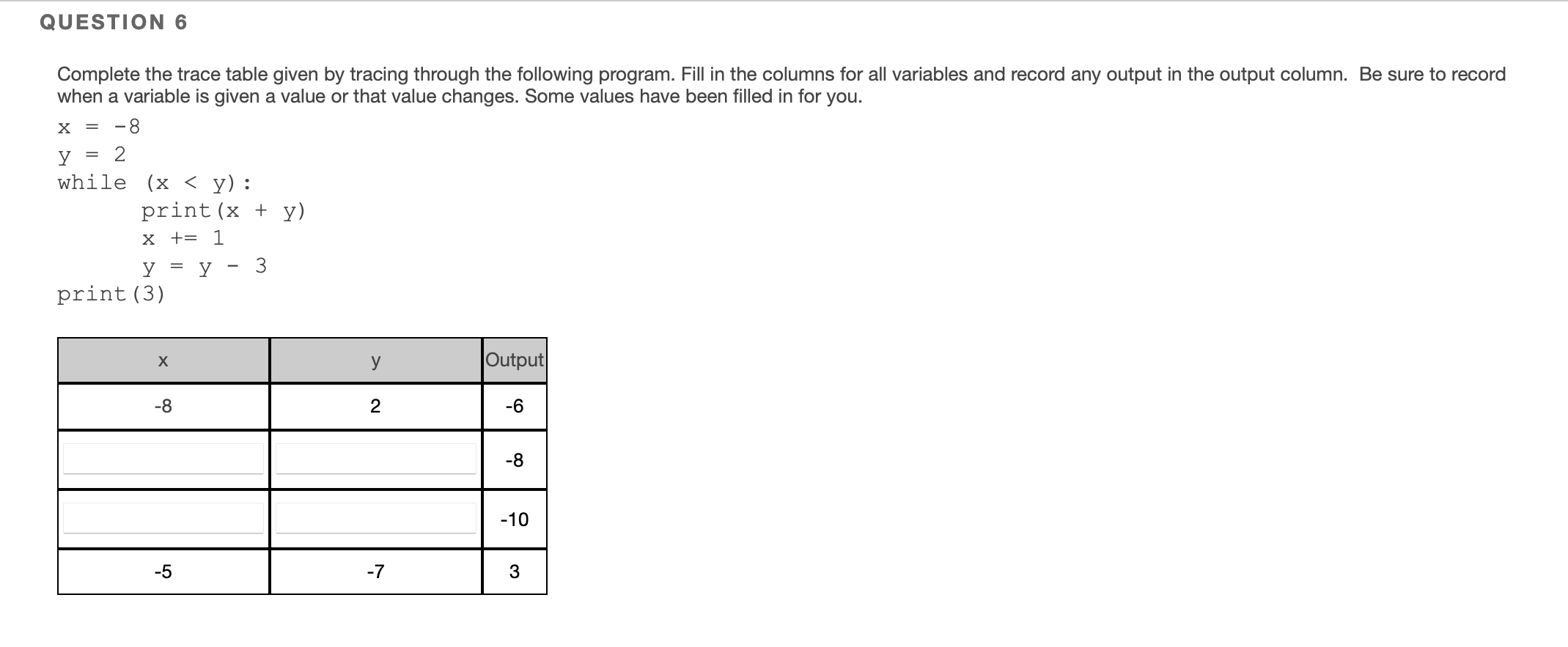 Solved QUESTION 6 Complete the trace table given by tracing | Chegg.com