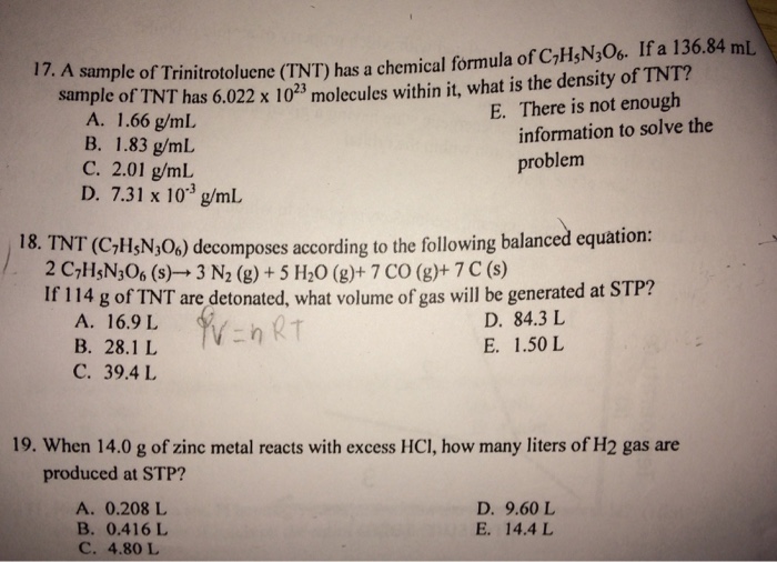 Solved A sample of Trinitrotoluene (TNT) has a chemical | Chegg.com