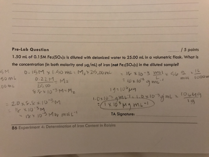Solved Pre-Lab Question 1.50 mL of 0.15M Fe2(SO4)3 is | Chegg.com