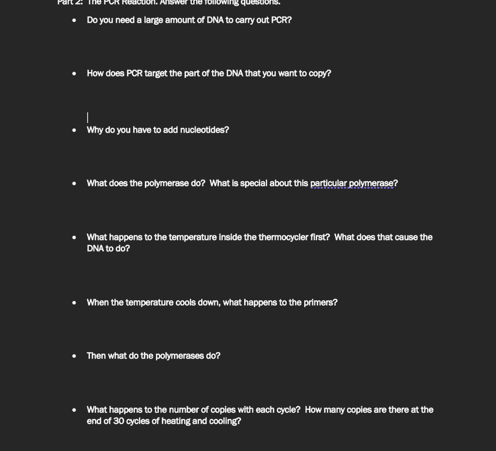 Part Ine PCR Reaction. Answer the following | Chegg.com