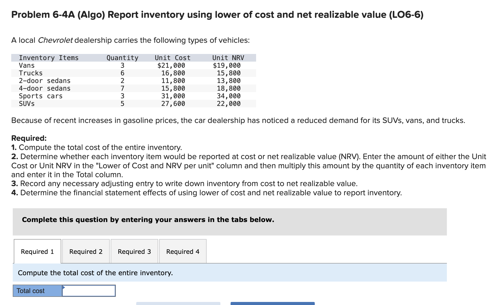 Solved Problem 6-4A (Algo) ﻿Report inventory using lower of | Chegg.com