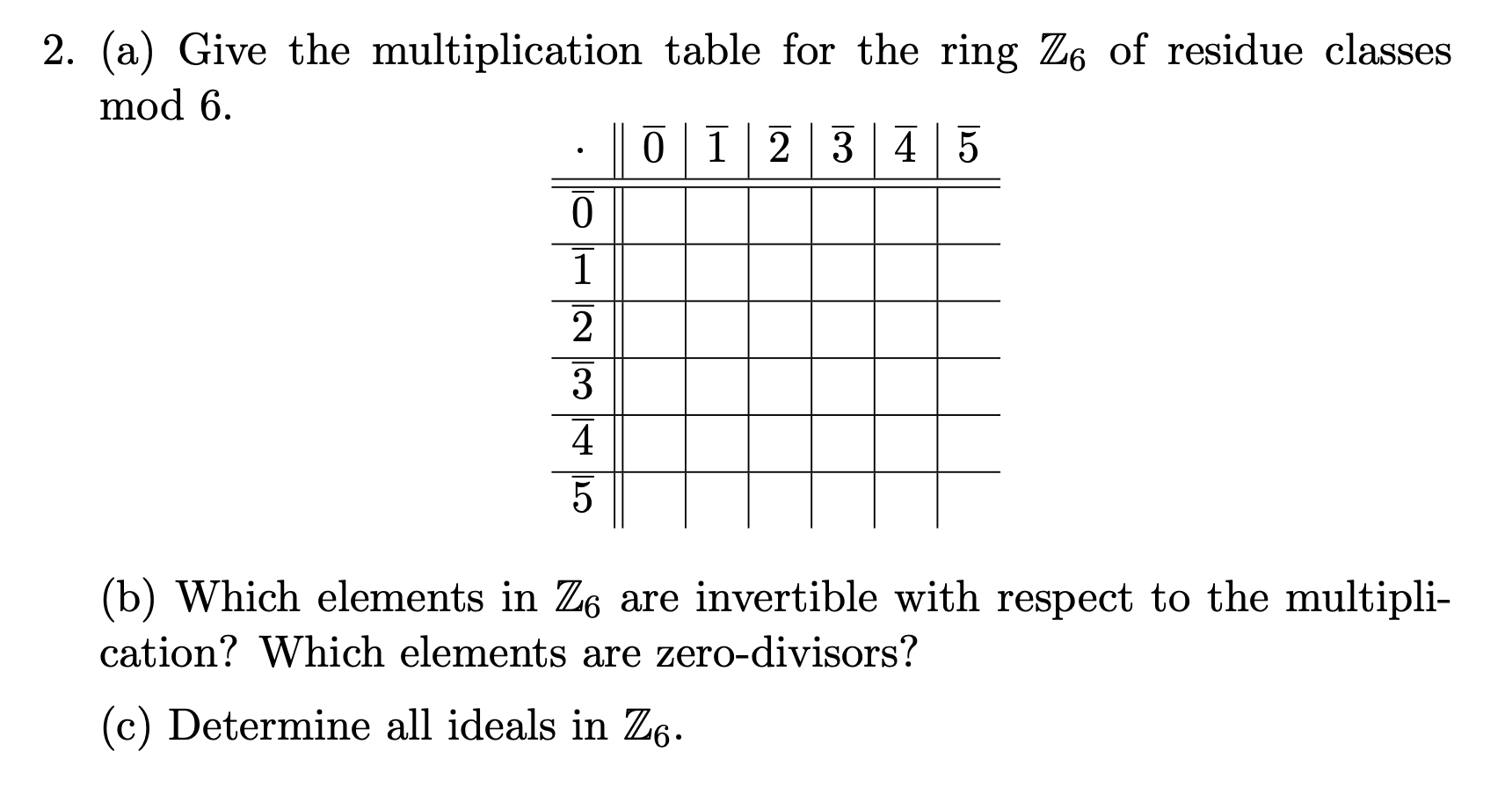 Solved 2. (a) Give the multiplication table for the ring Z6 | Chegg.com