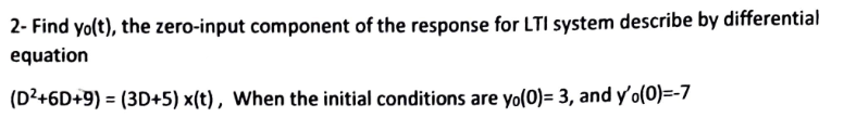 Solved 2- Find yo(t), the zero-input component of the | Chegg.com