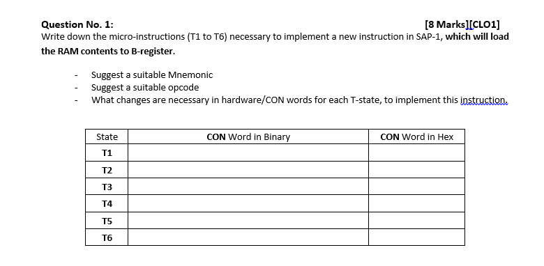 Solved Question No. 1: [8 Marks][CLO1] Write down the | Chegg.com