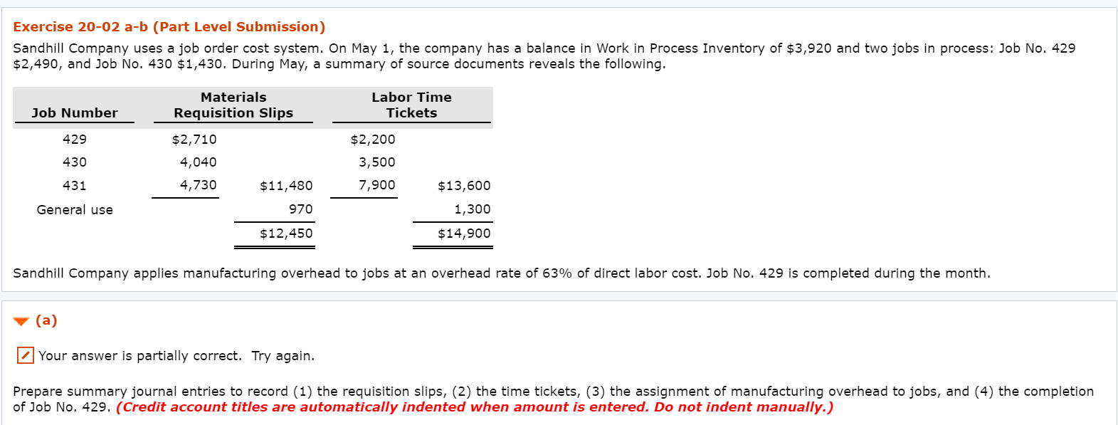 Solved Exercise 20-02 a-b (Part Level Submission) Sandhill | Chegg.com