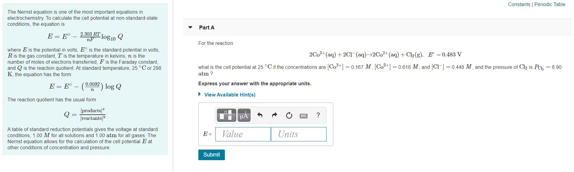 Solved Constants Periodic Table The Nernst equation is one | Chegg.com