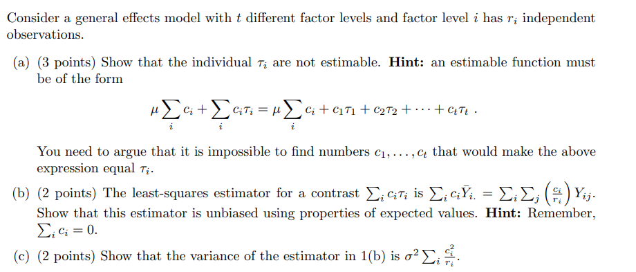Solved Consider a general effects model with t different | Chegg.com