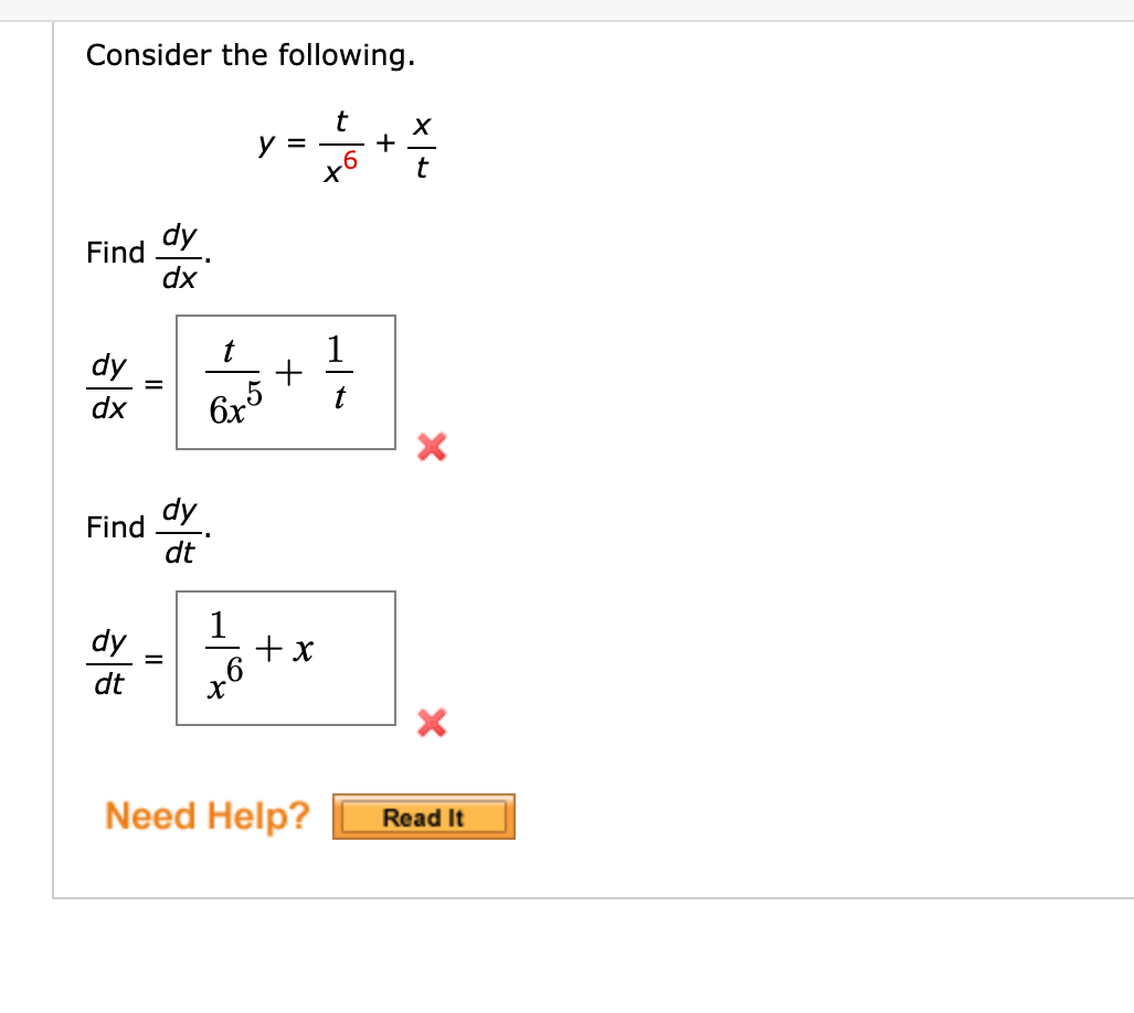 Solved Consider the following. y=x6t+tx Find dxdy | Chegg.com
