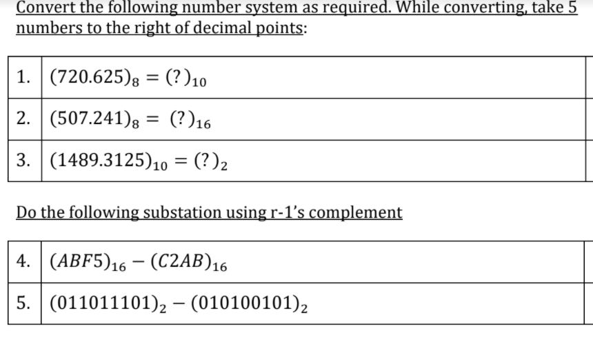 Solved Convert the following number system as required. | Chegg.com