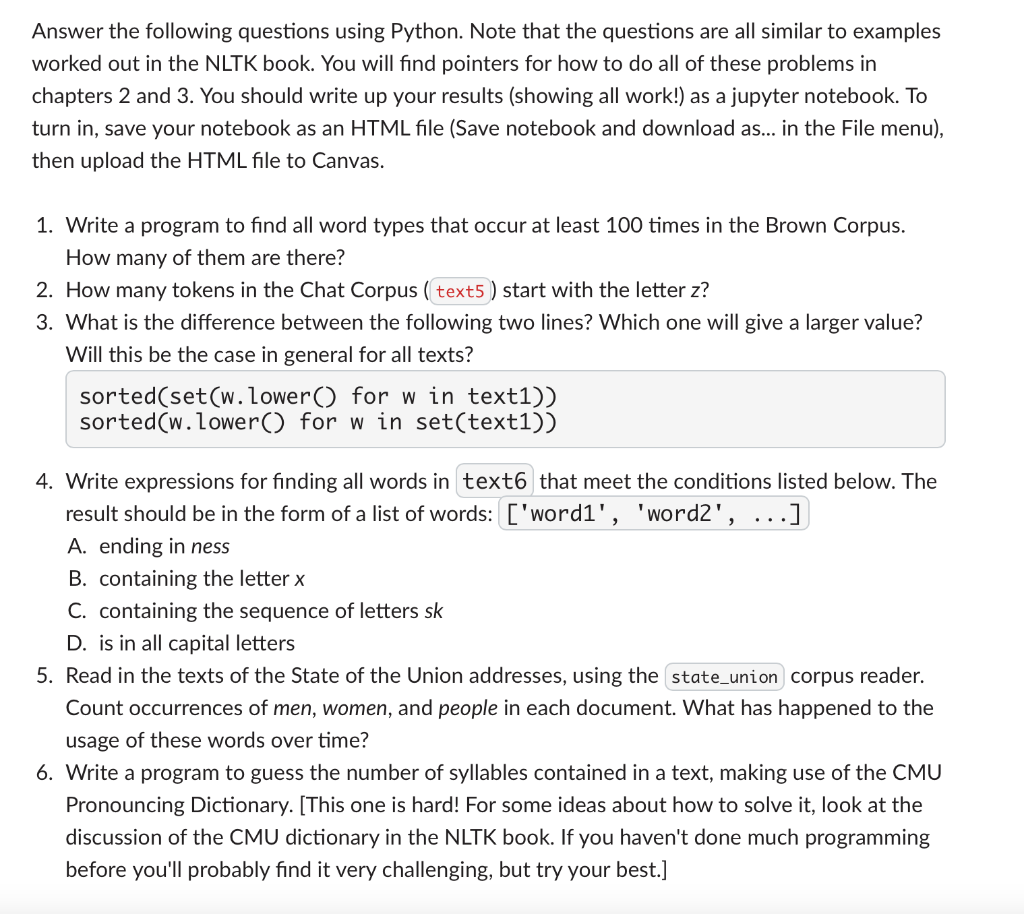 Answer the following questions using Python. Note | Chegg.com