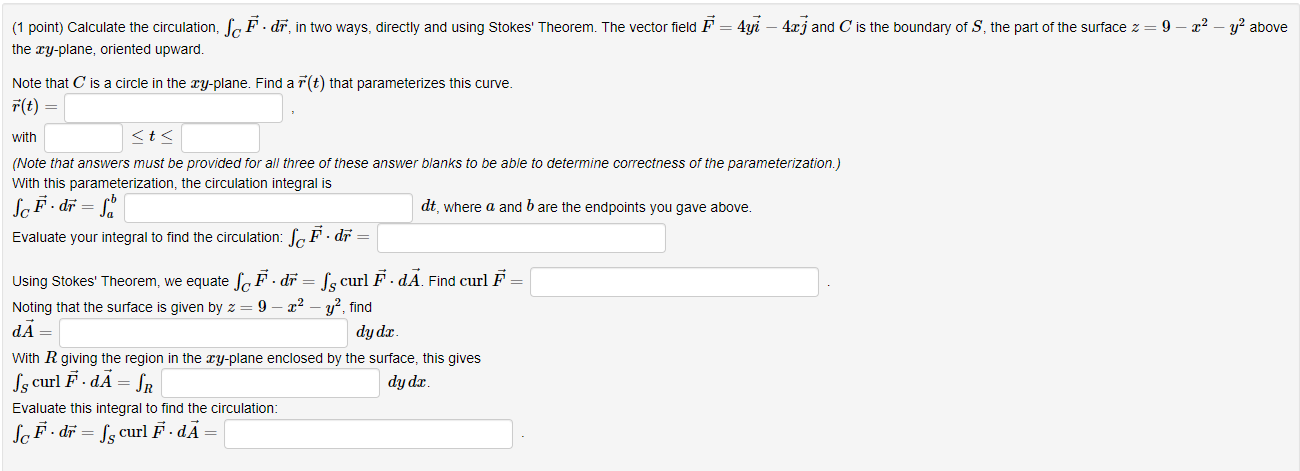 Solved (1 point) Calculate the circulation, ∫CF⃗ ⋅dr⃗ | Chegg.com