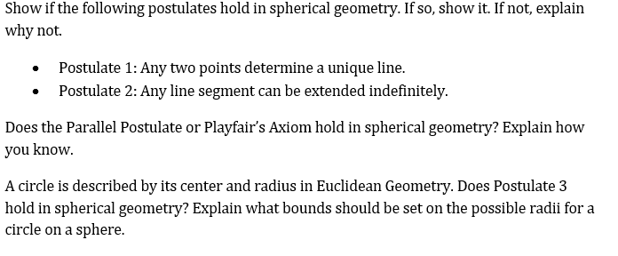 Show if the following postulates hold in spherical | Chegg.com