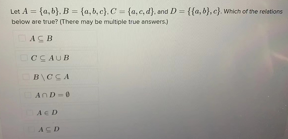 Solved Let A = {a,b}, B = {a,b,c}, C = {a, c, d], and D = | Chegg.com
