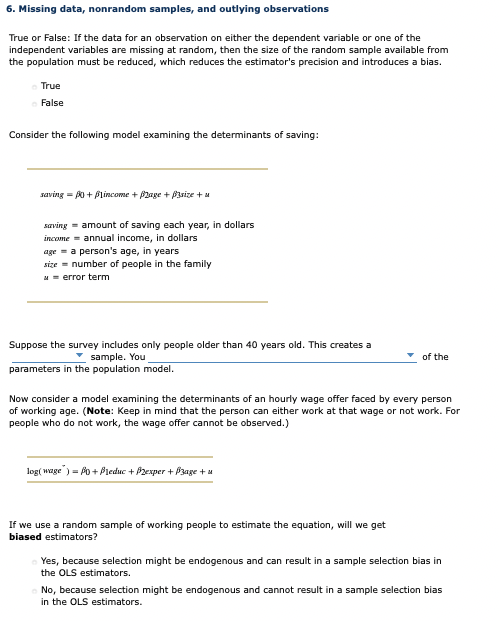 Solved 6. Missing data, nonrandom samples, and outlying | Chegg.com