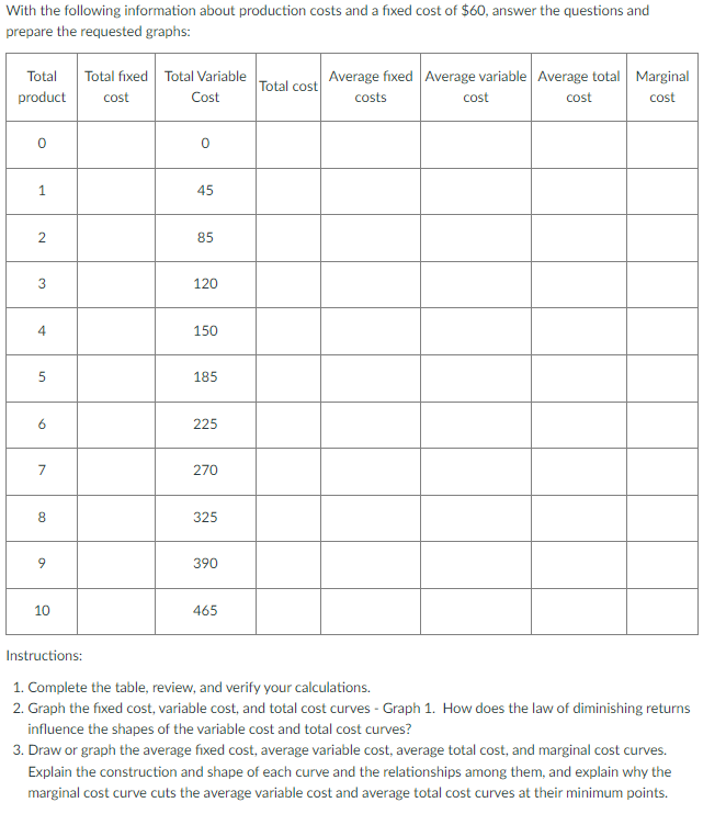 Solved With the following information about production costs | Chegg.com