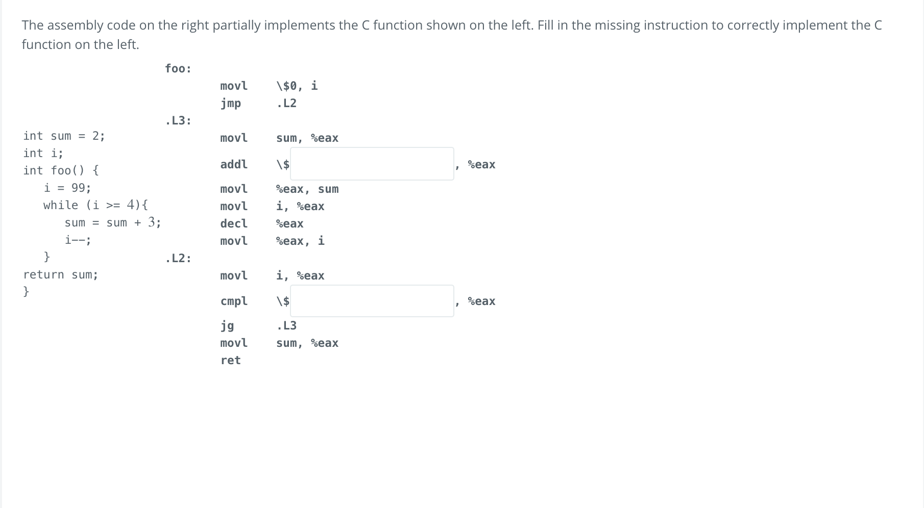 Solved The assembly code on the right partially implements | Chegg.com