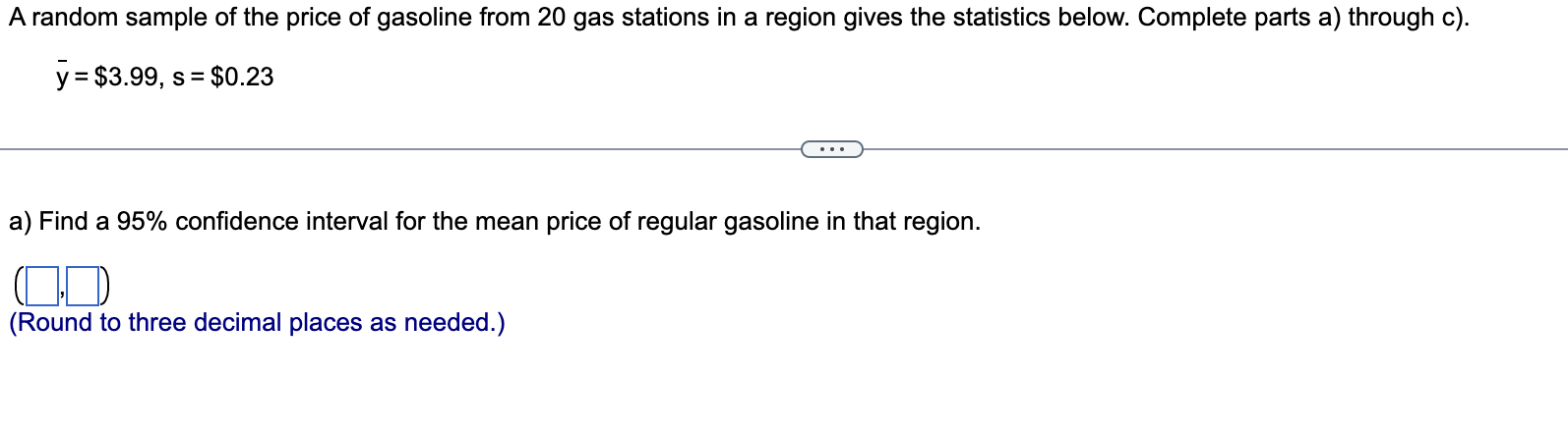 Solved A random sample of the price of gasoline from 20 gas | Chegg.com