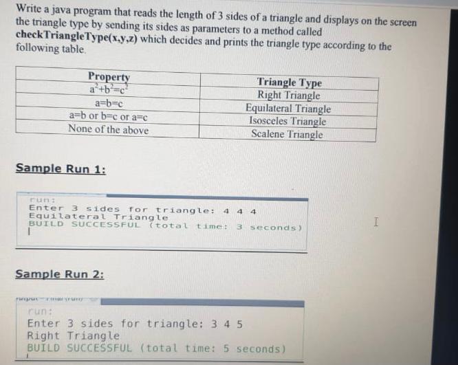 Solved Write a java program that reads the length of 3 sides | Chegg.com
