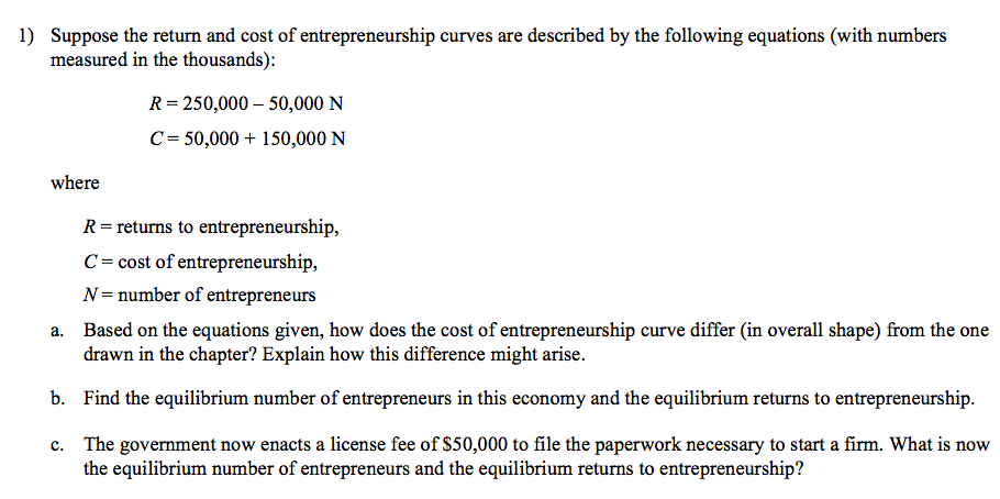Solved 1) Suppose the return and cost of entrepreneurship | Chegg.com