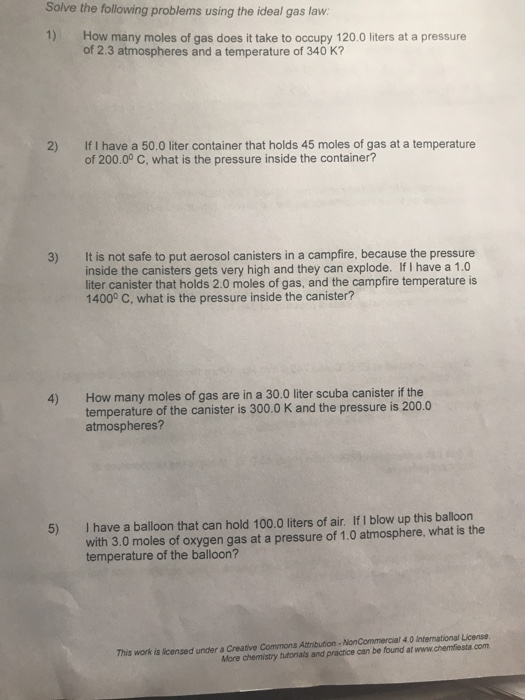 Solved Solve the following problems using the ideal gas law | Chegg.com