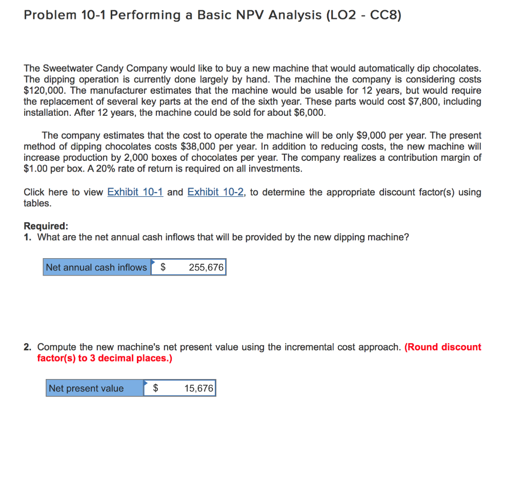 Solved Problem 10-1 Performing a Basic NPV Analysis (LO2 - | Chegg.com