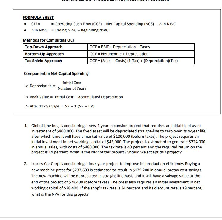 Solved FORMULA SHEET • CFFA = Operating Cash Flow (OCF) - | Chegg.com