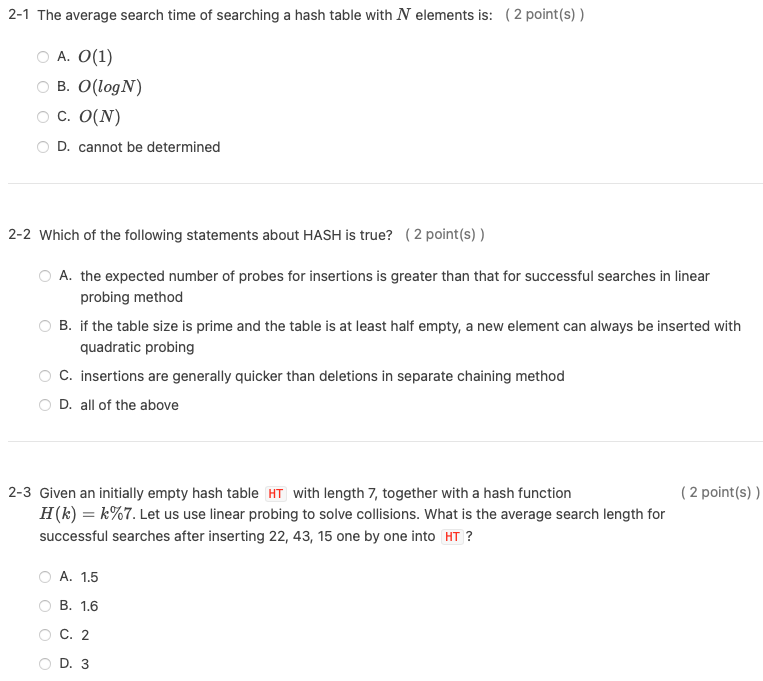 Solved 2-1 The average search time of searching a hash table | Chegg.com