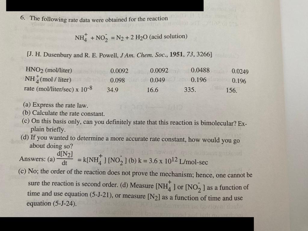 Solved 6. The following rate data were obtained for the | Chegg.com