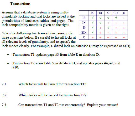 Transactions Assume that a database system is using | Chegg.com