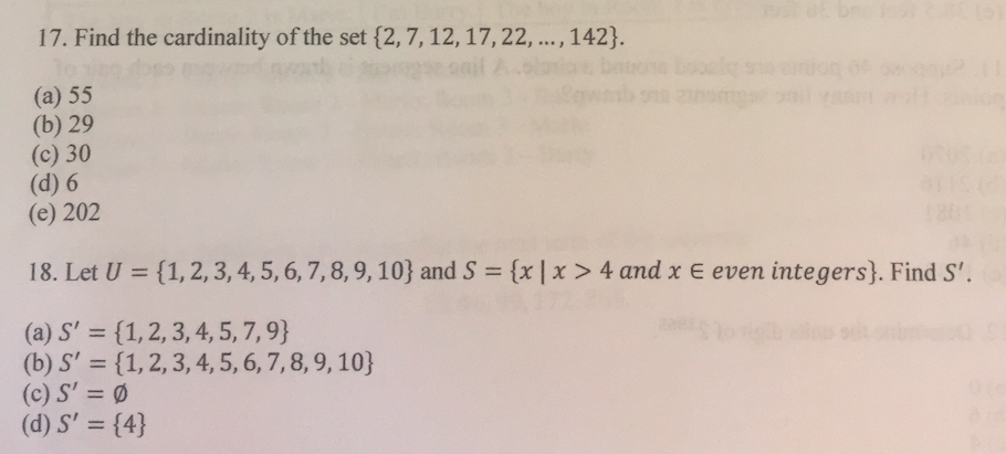 Solved 17. Find the cardinality of the set {2,7, 12, 17, 22, | Chegg.com